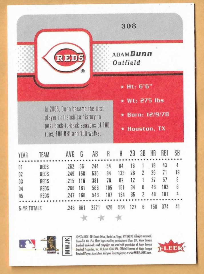 ADAM DUNN CINCINNATI REDS #308 - FLEER NM-MT 2006 | eBay