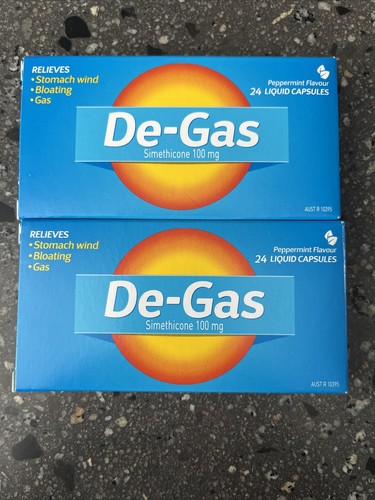 2 x De-Gas 24 Capsules Simethicone 100mg Reliefs Stomach Wind Bloating ...