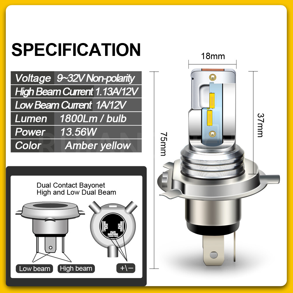 1PC Yellow H4 P43t CSP LED Motorbike Headlight Bulb Car Fog Lamp AC ...