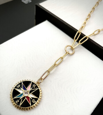 Gold Paperclip Chain Pendant Necklace CZ Compass Enamel Coin Charm ...
