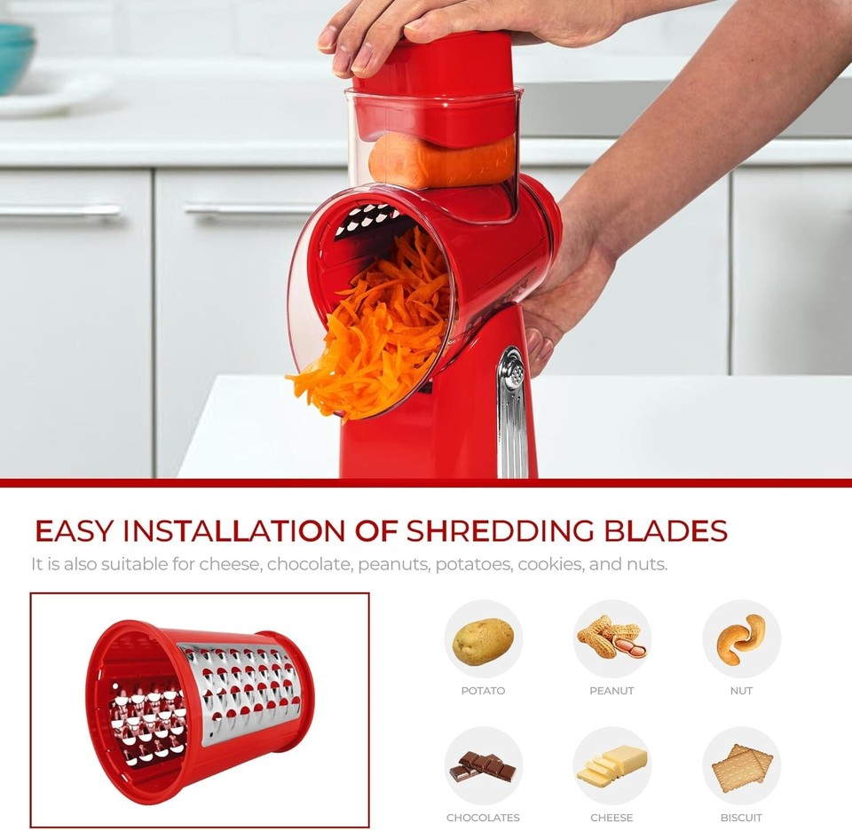 Rotary Cheese Grater w/Handle &5 Blades, Round Slicer & Vegetable ...
