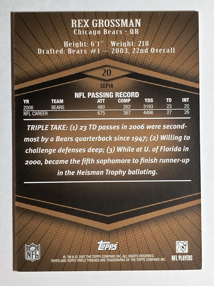 2007 Topps Triple Threads Sepia #20 Rex Grossman | eBay