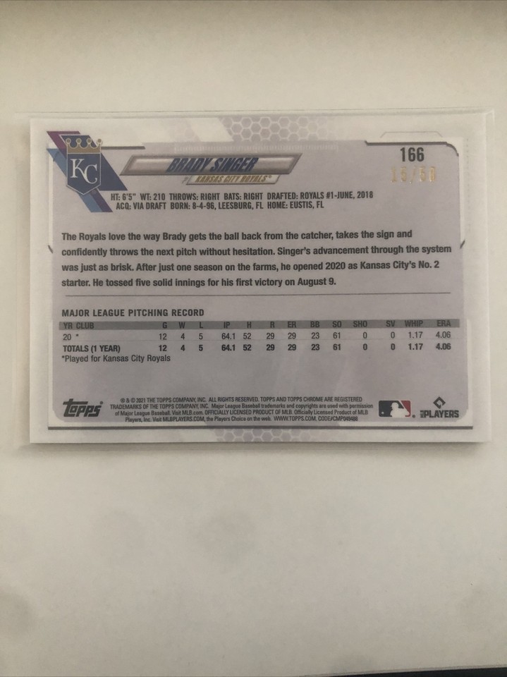 2021 Topps Ben Baller Chrome Brady Singer Gold 15/50 Rookie - Royals RC ...