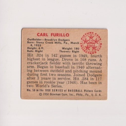 CARL FURILLO 1950 BOWMAN BASEBALL VINTAGE CARD #58 BROOKLYN DODGERS ...
