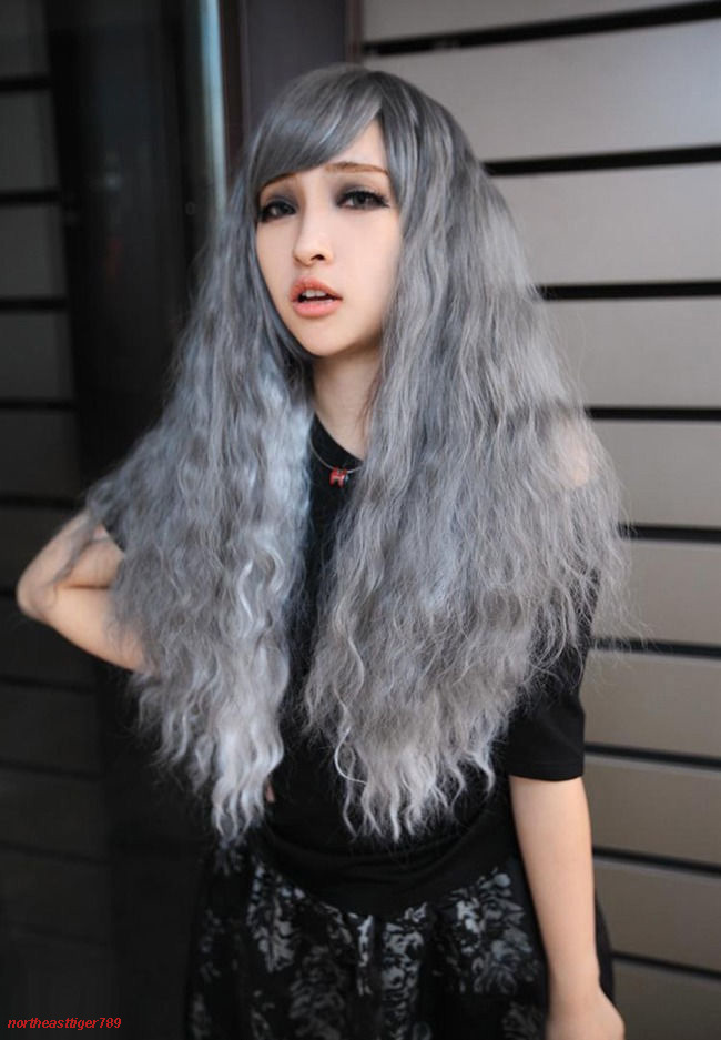 Fashion Long Gray Grey Curly Wavy Women's Lady Party Cosplay Hair Wig ...