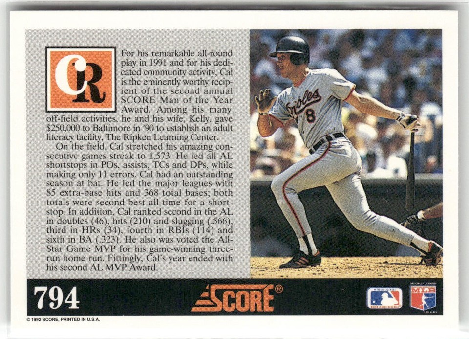 1992 SCORE #794 CAL RIPKEN, JR. BALTIMORE ORIOLES | eBay UK