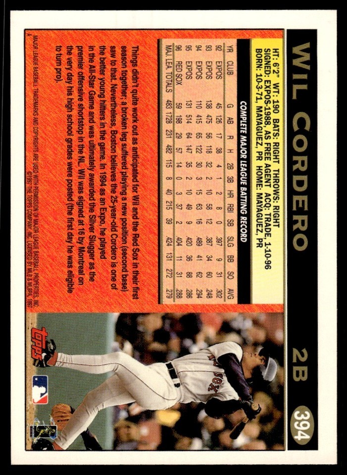 1997 Topps Baseball Card Wil Cordero ppp Boston Red Sox #394 | eBay