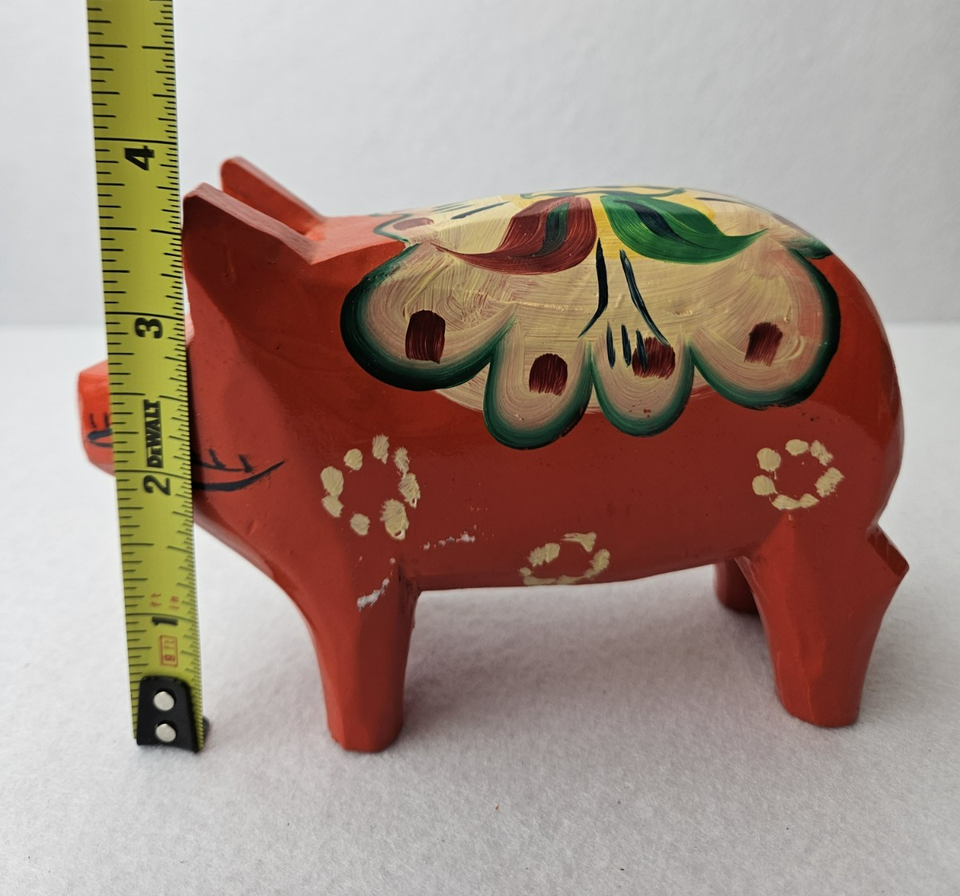 Red Swedish Dala Pig Hand Painted Flowers Wooden With Sticker Sweden | eBay