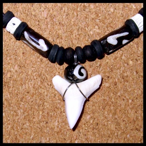 REAL SHARK TOOTH TEETH NECKLACE BLACK CORD WOOD BEADS SURF boy men ...