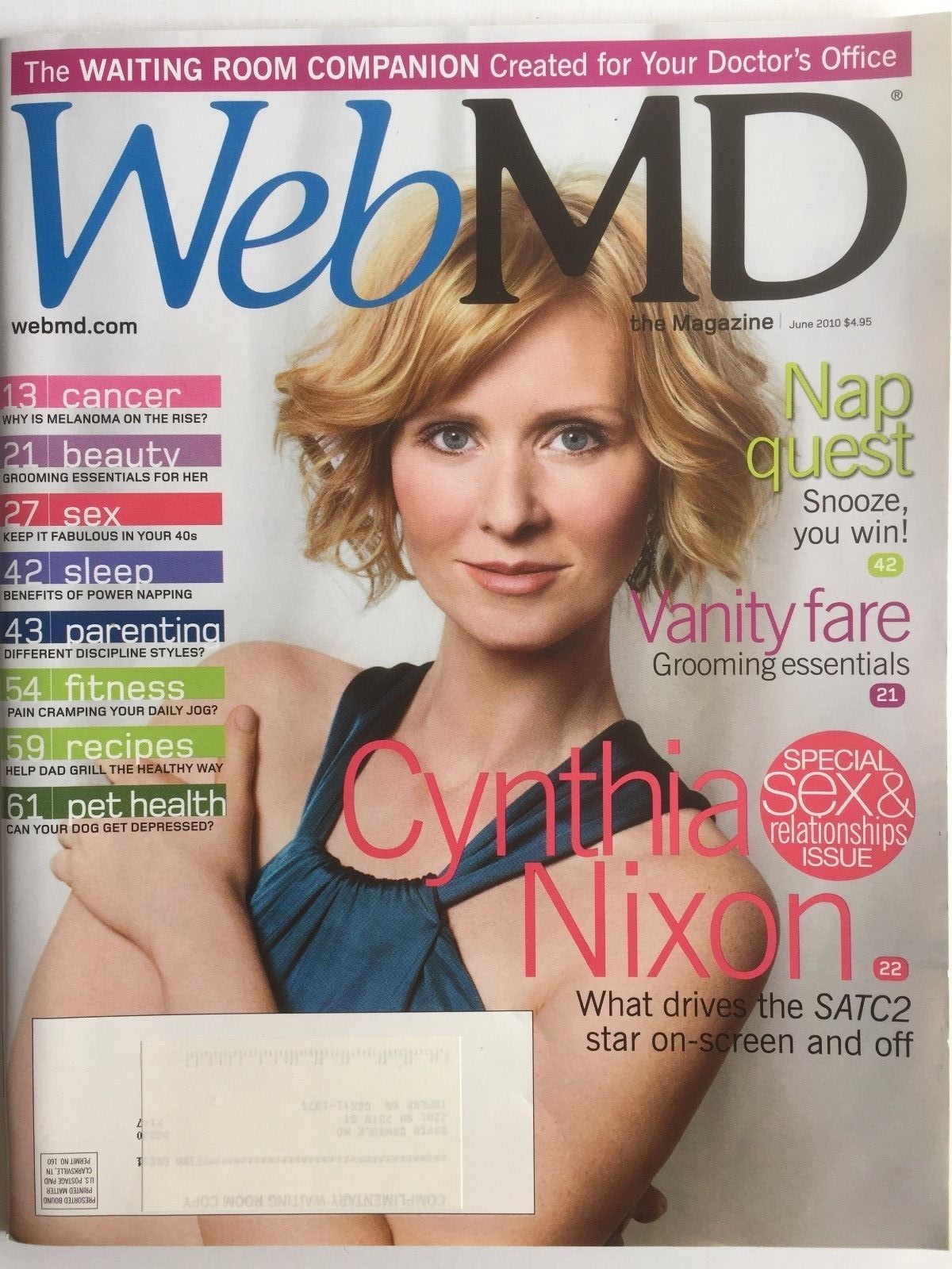 CYNTHIA NIXON / JASON LEWIS June 2010 WebMD Magazine / Brand New DUAL ...