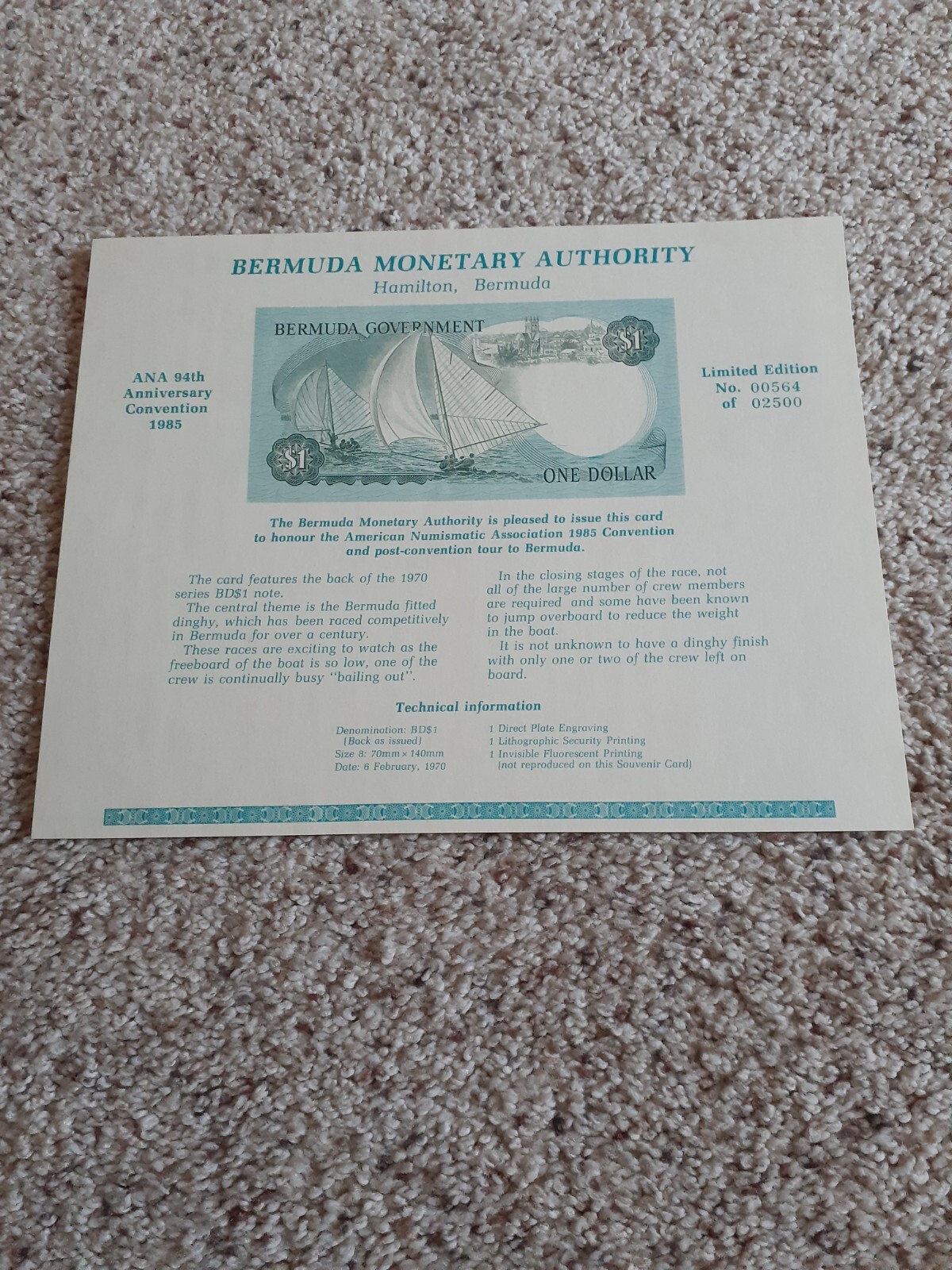 Bermuda ANA 94Th Anniv Convention Card 1985 Gem Unc~RARE~Monetary ...