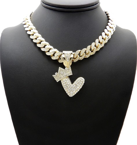 Gold PT Bubble Alphabet V Pendant & 16" ~ 24" Iced Cuban Box Lock Chain ...