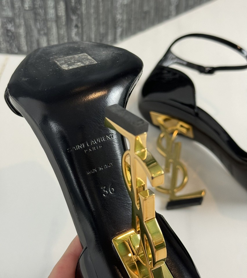 Authentic Saint Laurent Opyum YSL Black Logo-Heels Gold HW Size 36 ...