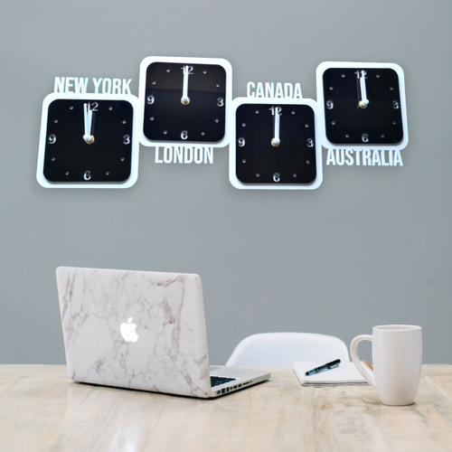 Custom Names Stepped Square Four Time Zones Wall Clocks, Colour Choices ...