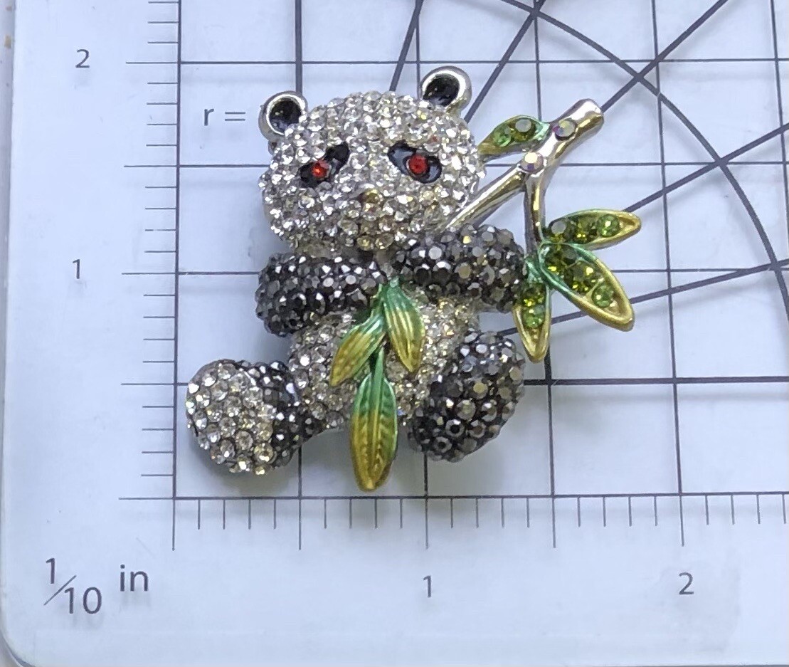 Vintage Panda Holding Bamboo brooch enamel on metal w… - Gem