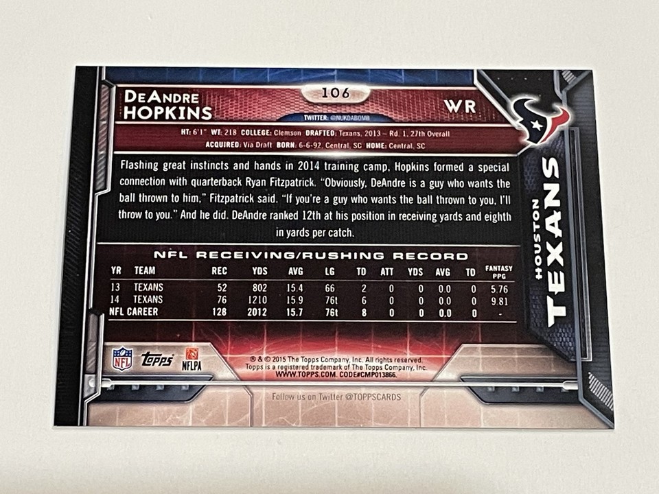 2015 Topps Football #106 - DeAndre Hopkins - Houston Texans | eBay