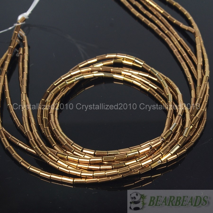 3 Strands Hematite Gemstones Tube Beads Metallic Silver Gold Purple 2mm ...