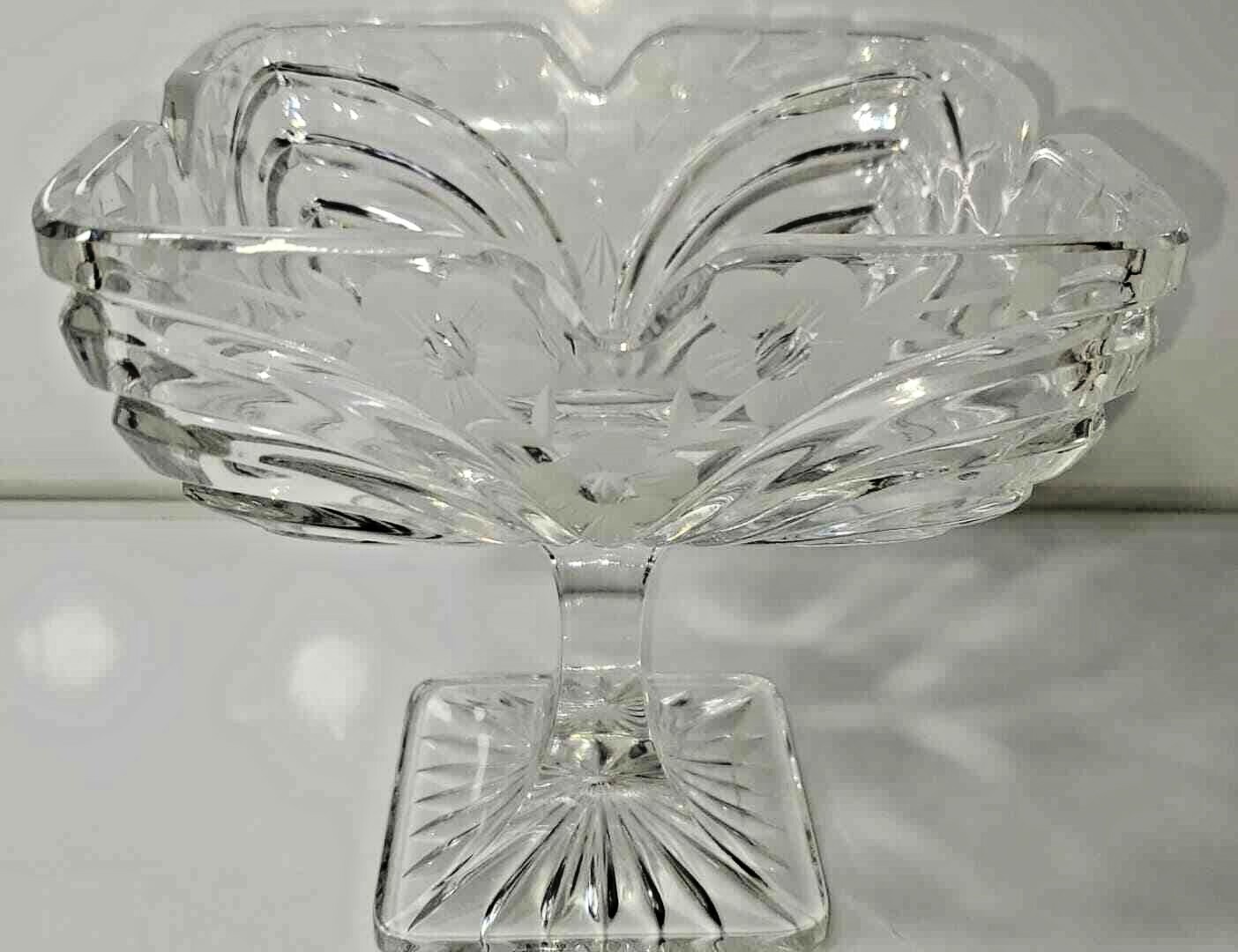 VINTAGE CRYSTAL SQUARE CLEAR GLASS COMPOTE ETCHED FROSTED FLOWERS HEAVY ...