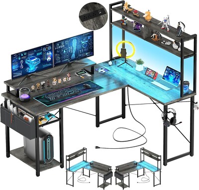 48 Inch L Shaped Gaming Desk with LED Lights Home Office Monitor Grey ...