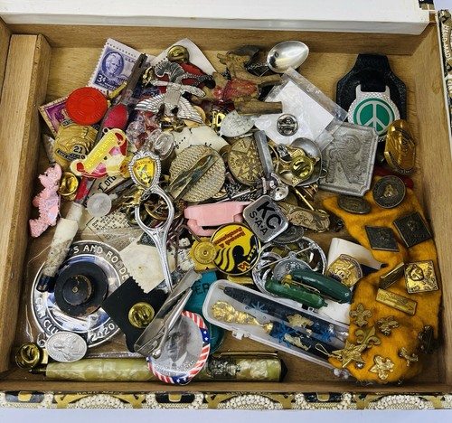 Junk Drawer Lot Boy Scout Pins, Challenge Coin, Pinbacks, Stamps | eBay