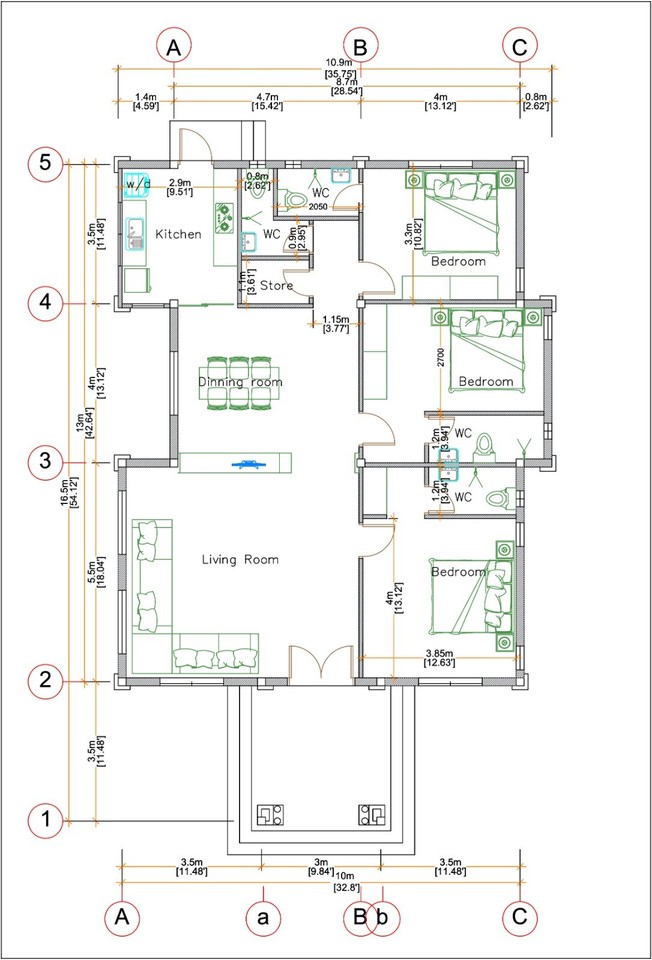 33x54 feet House Plan 10x16 meter 3 Beds 4 Baths Hip Roof PDF & (A4 ...