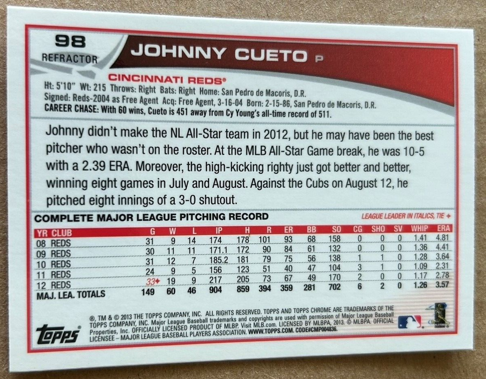 JOHNNY CUETO 2013 TOPPS CHROME ORANGE REFRACTOR Card #98 NM-MT | eBay