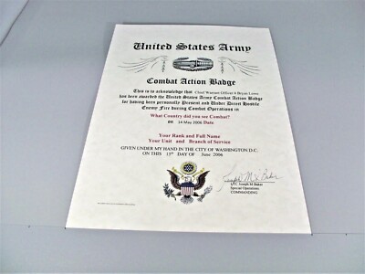 Army Combat Action Badge Medal Replacement Certificate CAB | eBay