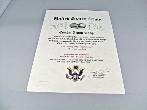 Army Combat Action Badge Medal Replacement Certificate CAB | eBay