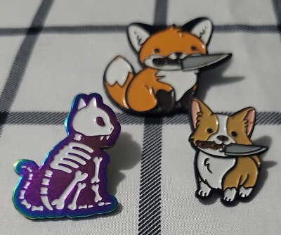 Cute Fox And Dog Knife In Mouth Pins Fashion Cat Skeleton Lot Of 3 | eBay