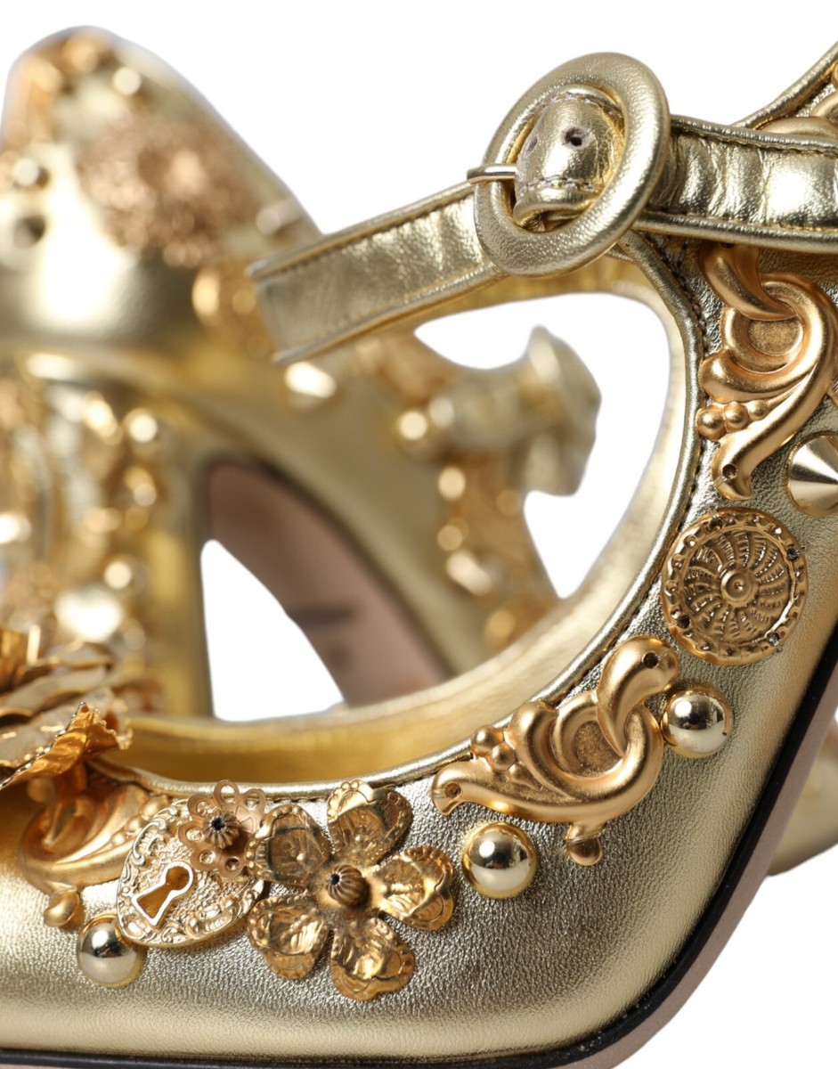 DOLCE & GABBANA Shoes Gold Leather Crystal Mary Janes Pumps DOLCE & GABBANA Shoes Gold Leather Crystal Mary Janes Pumps