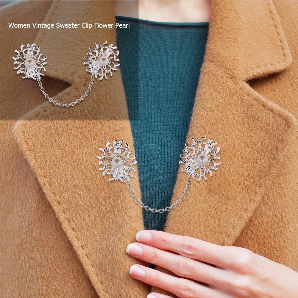 Chain Pearl Flower Clothing Collar Clips Women Cardigan Sweater Pin ...