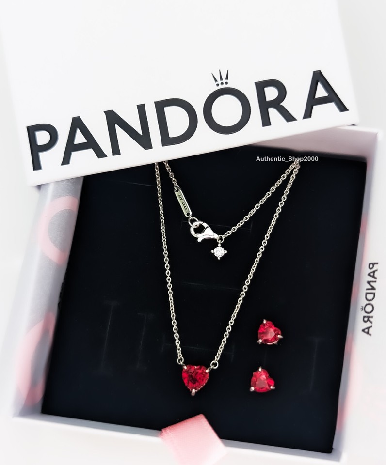 NEW 100% Authentic PANDORA Sparling Red Heart Necklace Earrings Jewelry ...