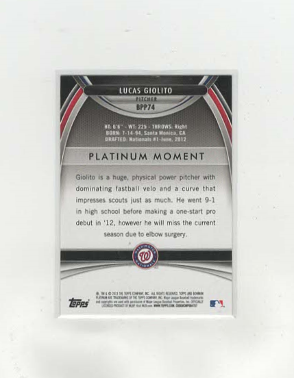 2013 Bowman Platinum Prospects Lucas Giolito #BPP74 Washington ...