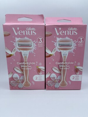 2x Gillette Venus ComfortGlide White Tea Women's Razor Handle + 2 Blade ...