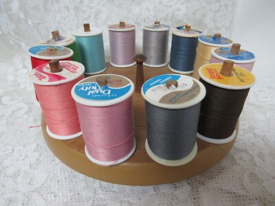 Vintage Wood Thread Carousel Sewing Caddy Lazy Susan w/ 12 Spools ...