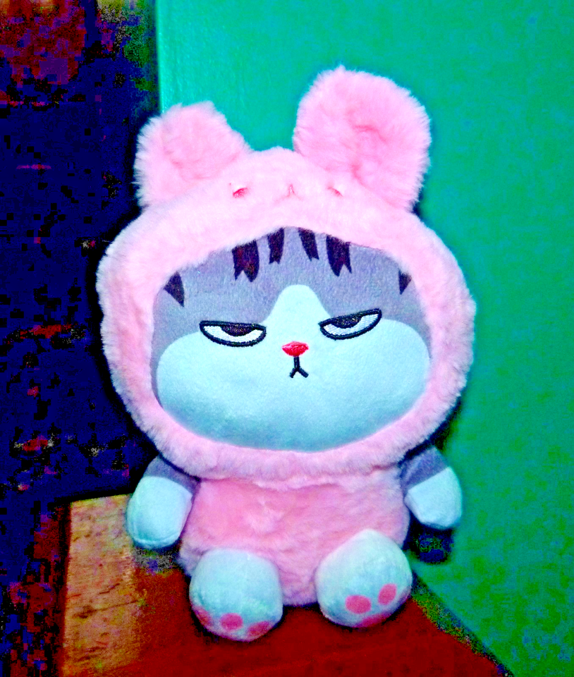 Angry Cat in Pink Bunny Suit Plush Stuffed Animal Gray White Black 9 ...