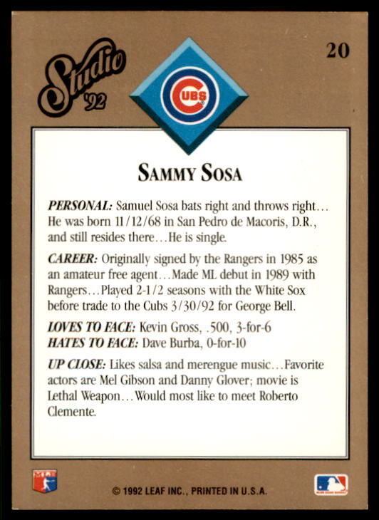 1992 Studio Baseball Card #20 Sammy Sosa | eBay