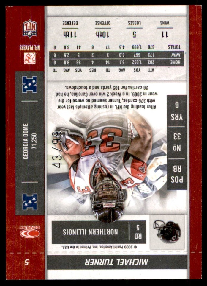 2009 PLAYOFF CONTENDERS MICHAEL TURNER 43/99 ATLANTA FALCONS #5 | eBay