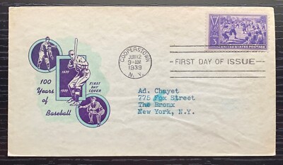 JUNE 12th 1939 US FIRST DAY COVER BASEBALL CENTENNIAL COOPERSTOWN NY ...