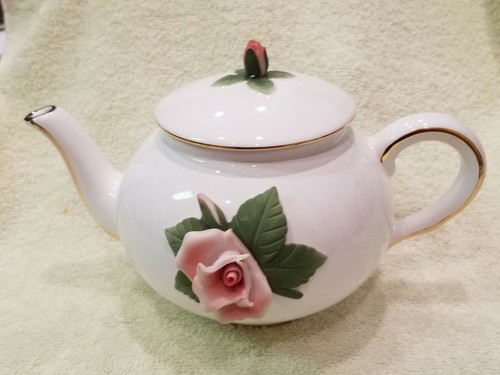 Teleflora Gift Applied Porcelain Pink Colored Rose White Tea Pot with ...