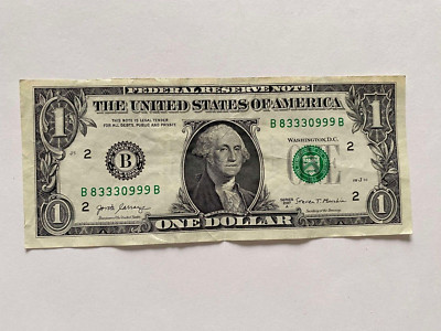 One dollar bill serial number B 83330999 B $1 Note US Real money 2017 ...