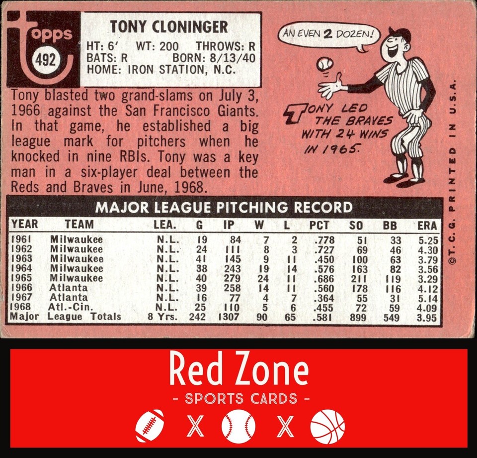1969 Topps - #492 Tony Cloninger VG | eBay