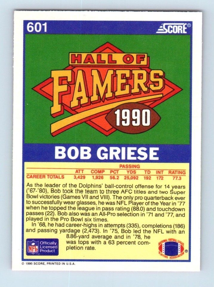 1990 Score Bob Griese Miami Dolphins #601 | eBay