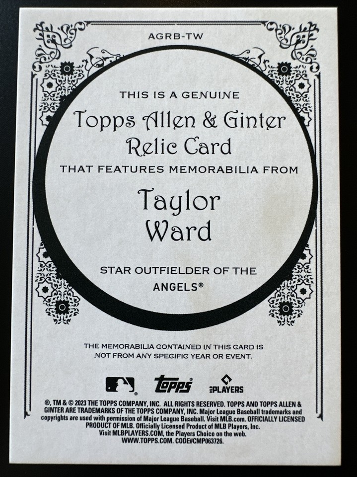 2023 Topps Allen & Ginter TAYLOR WARD Angels Relic Bat Card Free ...