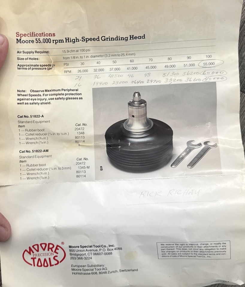 Moore Tools Grinding Head 55,000 RPM High Speed Grinding Head Rebuilt ...