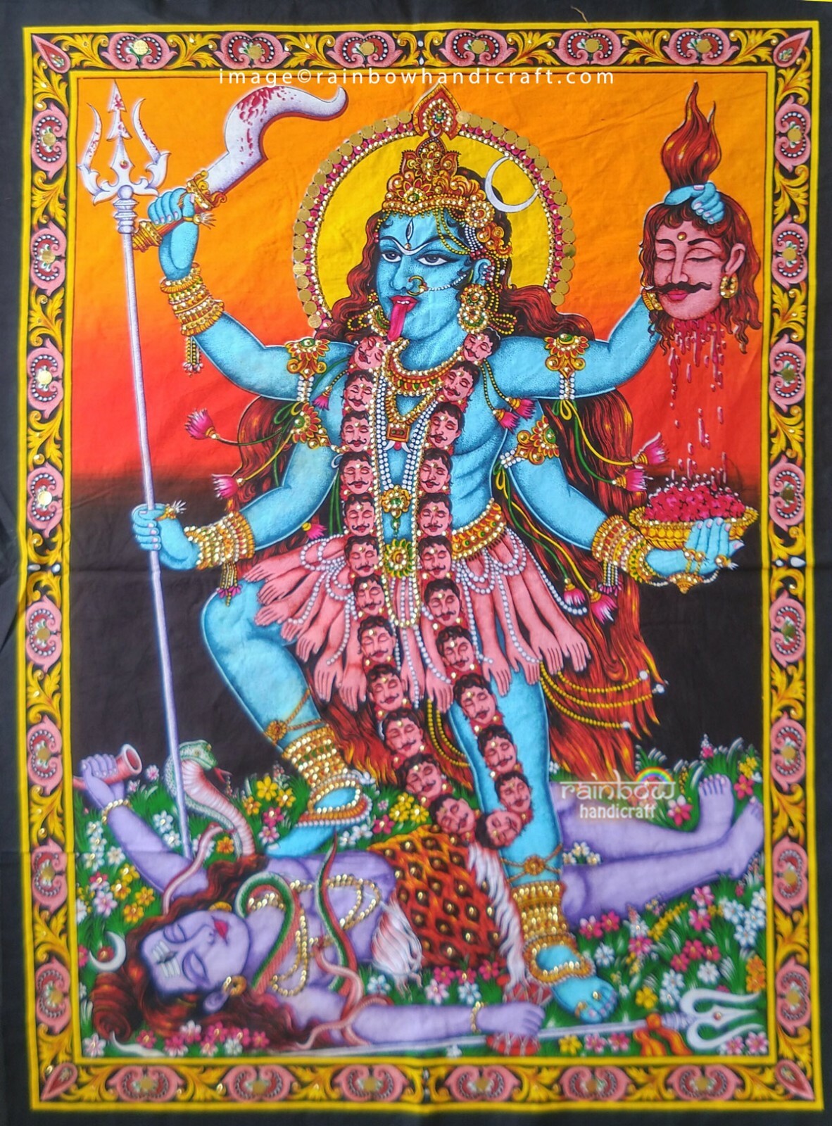hindu death goddess kali shiva sequin wall hanging ethnic decor batik ...