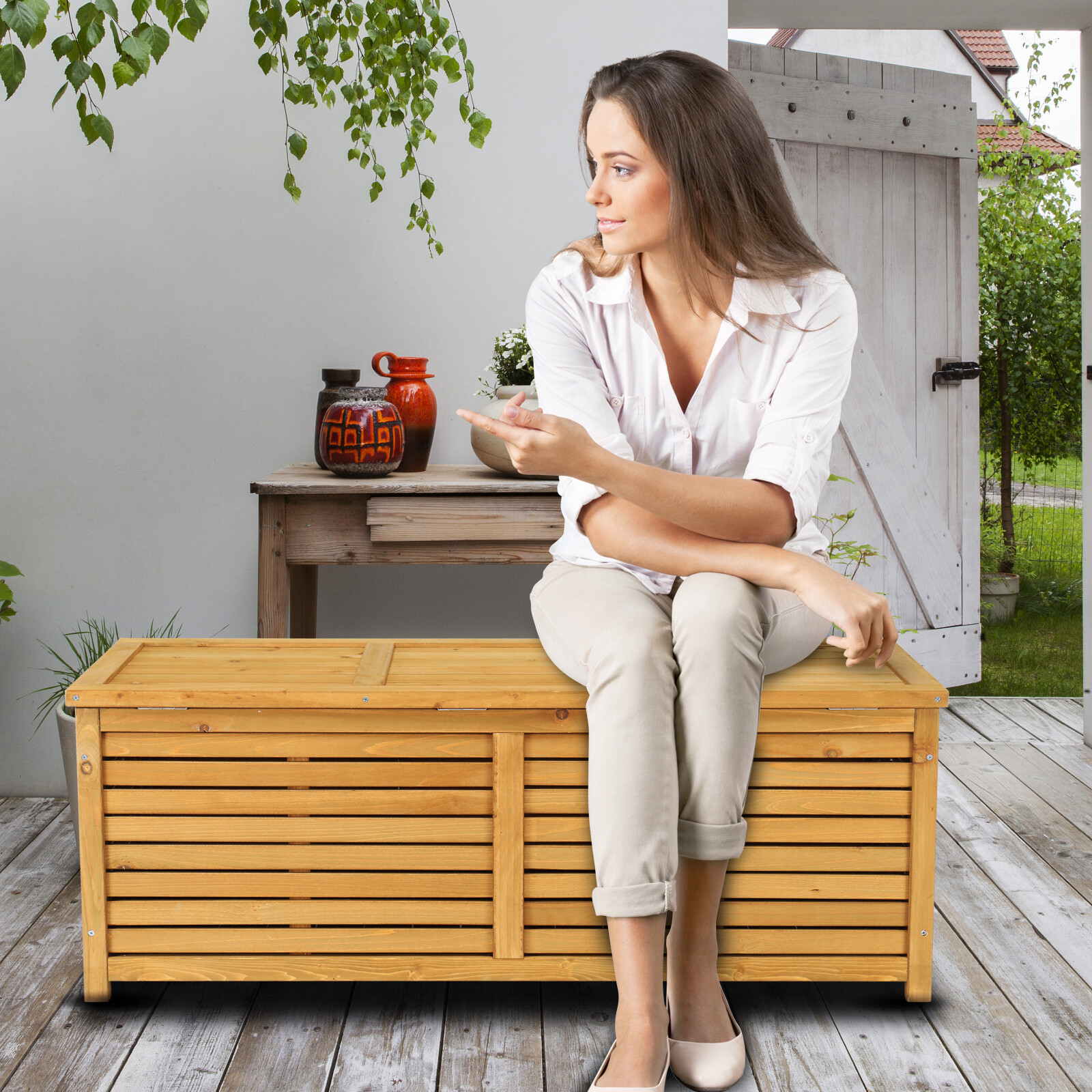 47 Gallon Outdoor Wooden Storage Box, Patio Deck Box for Yard | Porch ...
