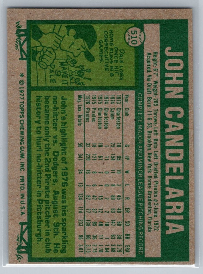 1977 Topps Baseball Card #510 John Candelaria Pittsburgh Pirates EX+ ...