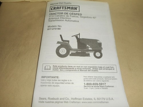 CRAFTSMAN Lawn Tractor Model 917.273180 Owner's Maintenance Manual ...