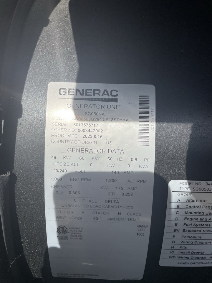 Generac 50KW 240VAC 3 Phase Delta Generator WITH POWER ZONE PRO ...